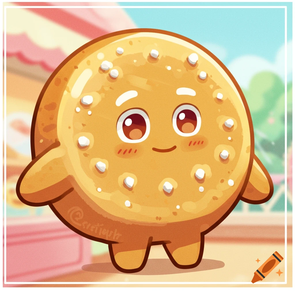 A cute, cartoony shortbread cookie character with a smiling face stands ...