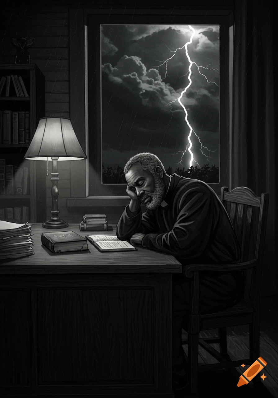 Black and white drawing of a pastor asleep at a desk during a storm ...
