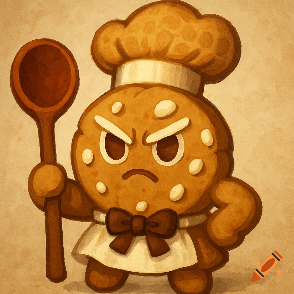 A cartoon gingerbread cookie chef character with a spoon looks angry ...
