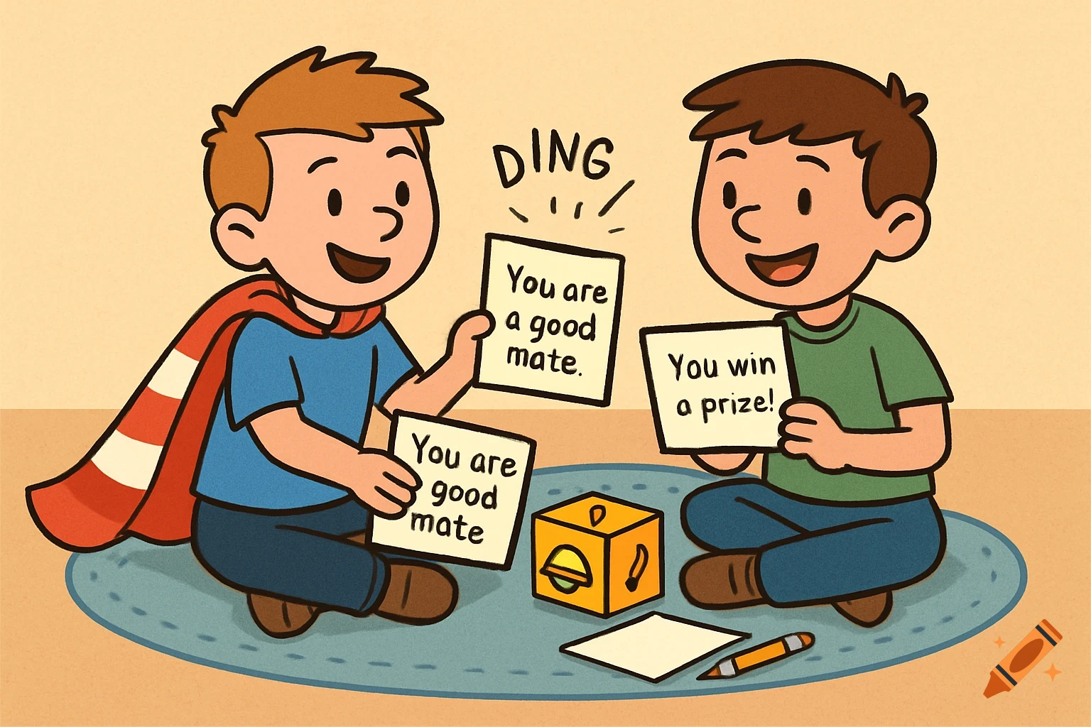Cartoon illustration of two boys playing with notes and a prize box ...