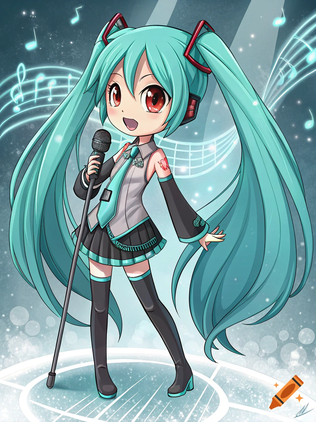 Chibi anime girl singing into a microphone on stage with musical notes ...