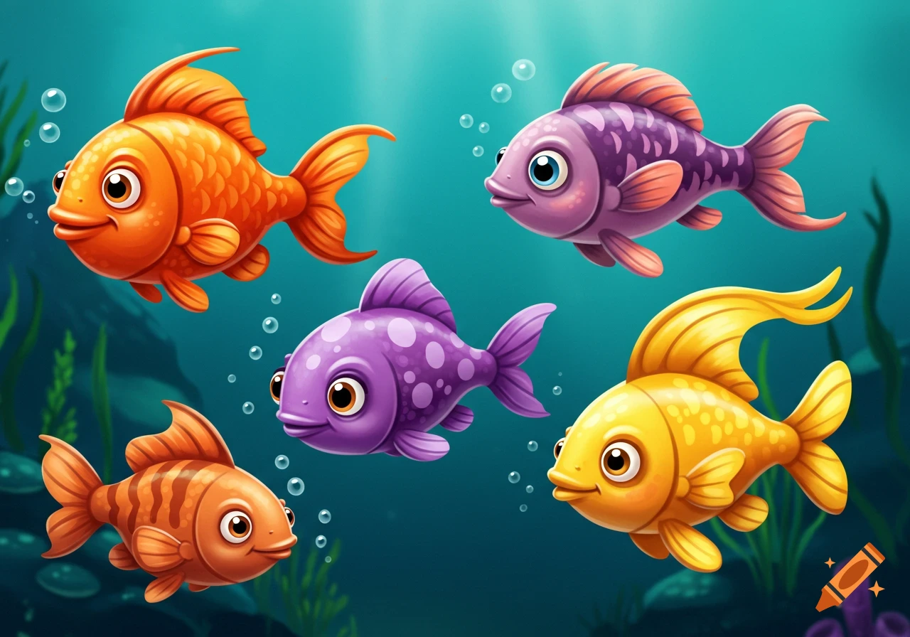 Several cute, colorful stylized fish swimming underwater with bubbles ...
