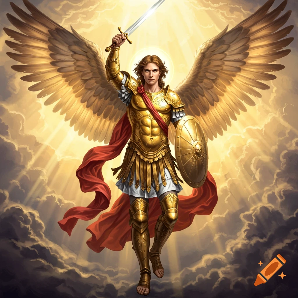 Archangel Michael in golden armor with sword and shield, wings spread, surrounded by light and ...