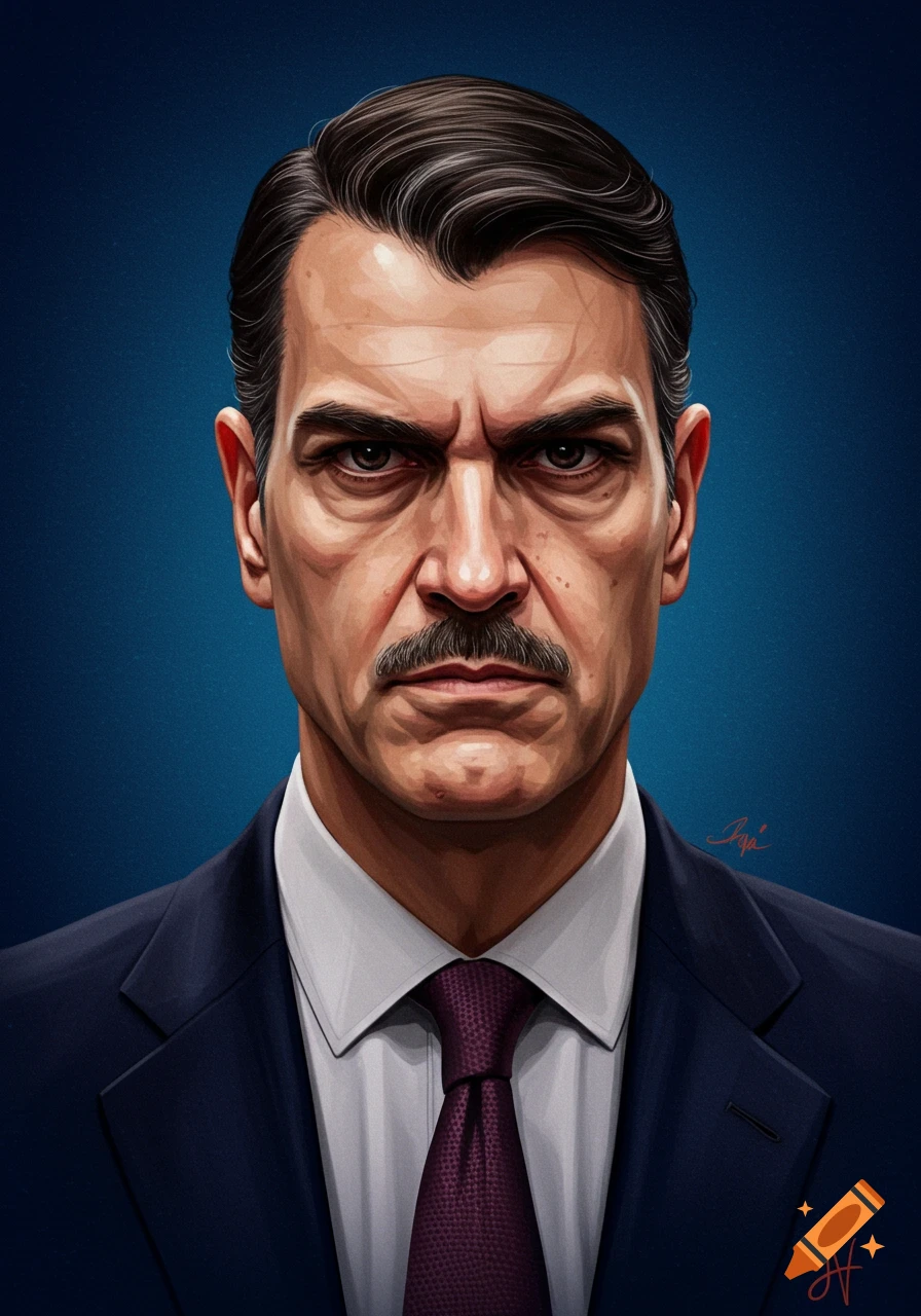 Stylized portrait of a stern man with a mustache in a suit. on Craiyon