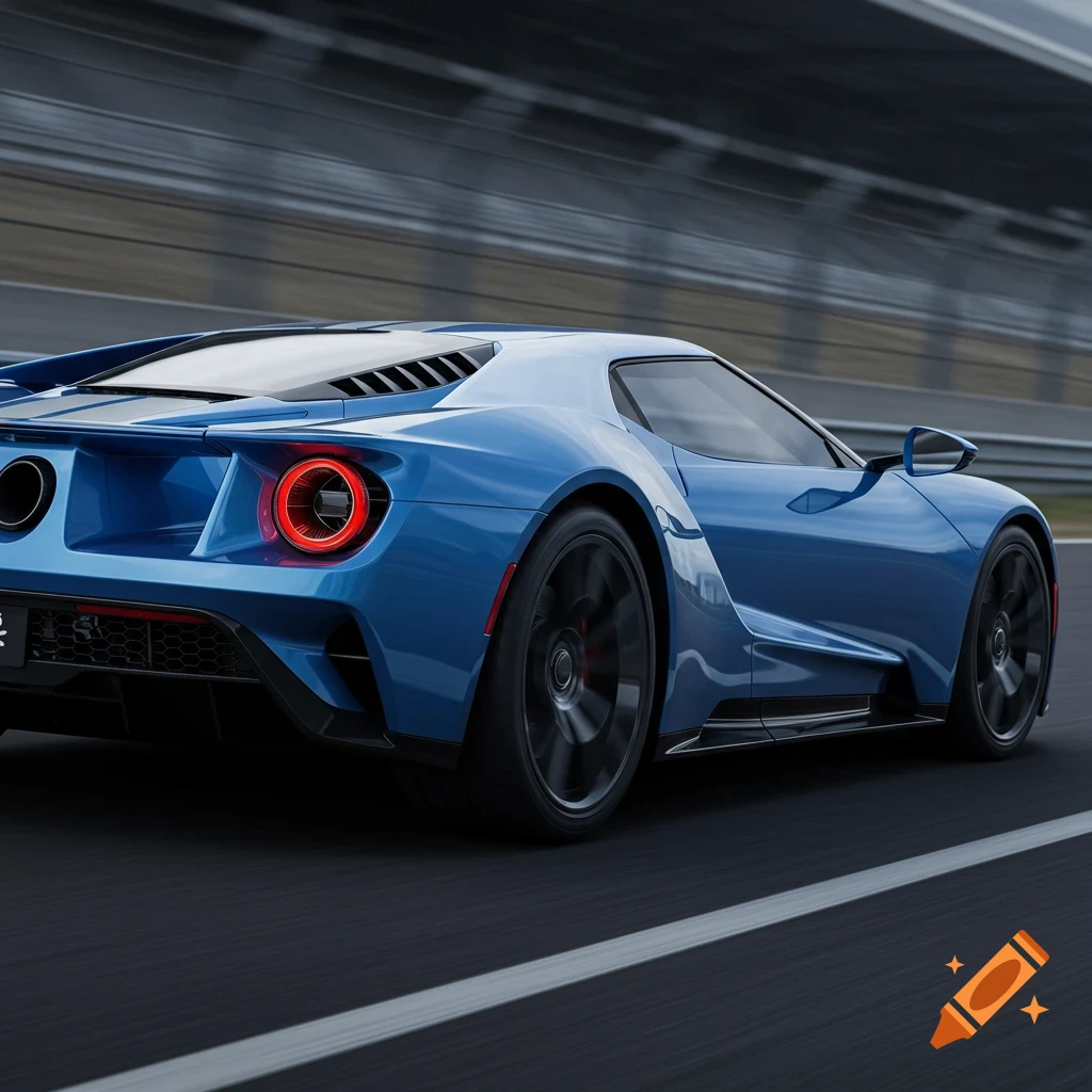 Blue Ford GT sports car driving fast on a race track. Photorealistic ...