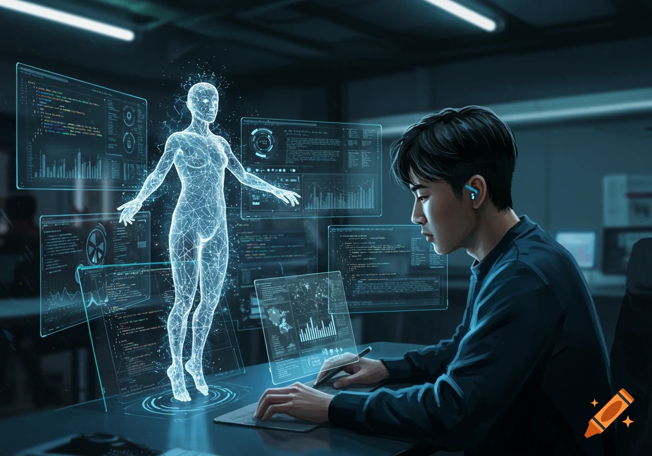 IT professional working with a holographic AI assistant and data ...
