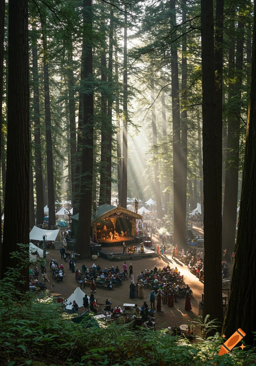 A large outdoor gathering with a stage, audience, and tents in a sun ...