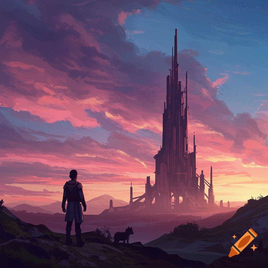Figure and dog overlook a spired tower in a valley at sunset, digital ...