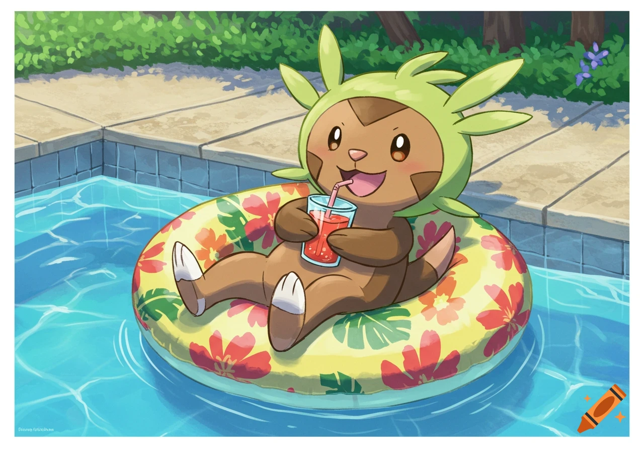 Cartoon illustration of Chespin the Pokémon relaxing on a floral pool ...