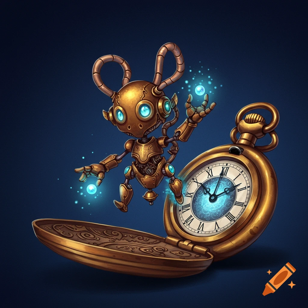 Clockwork creature with glowing eyes floats next to a large open pocket ...