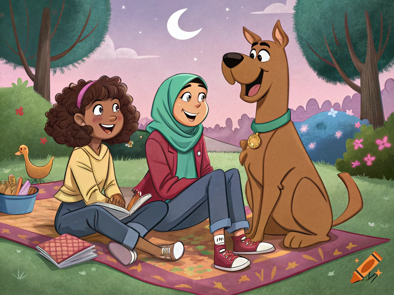 Two girls and Scooby-Doo have a picnic in a park at night, cartoon ...