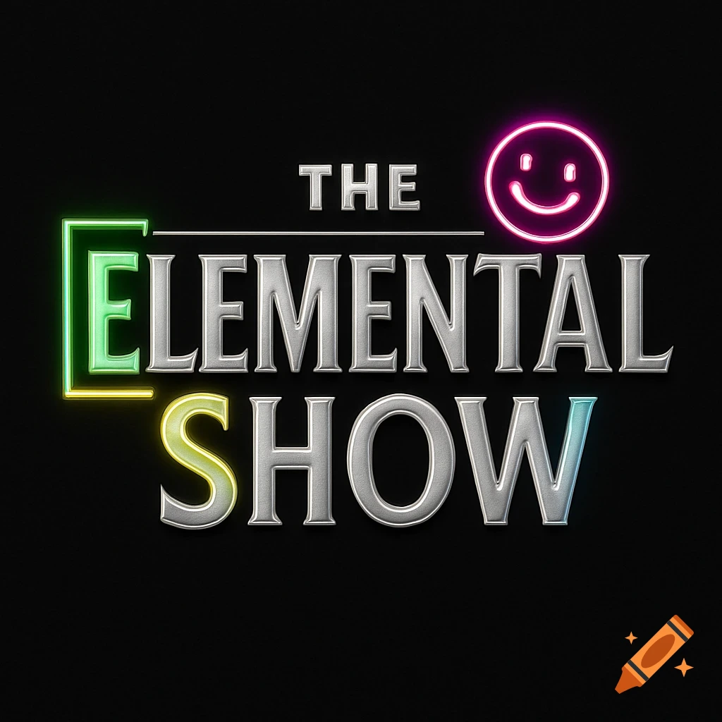Logo with silver text 'THE ELEMENTAL SHOW' on black, featuring green ...