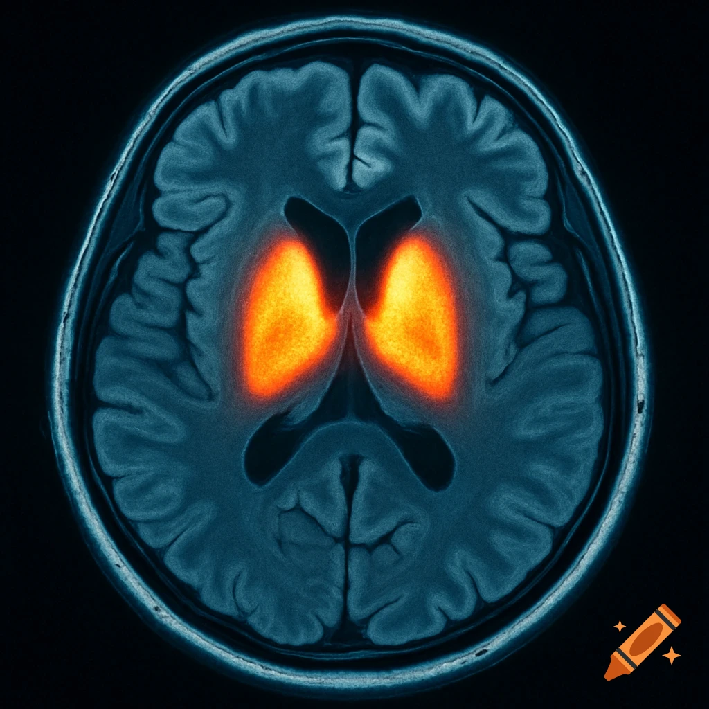 MRI scan of a human brain with the striatum highlighted in orange on ...
