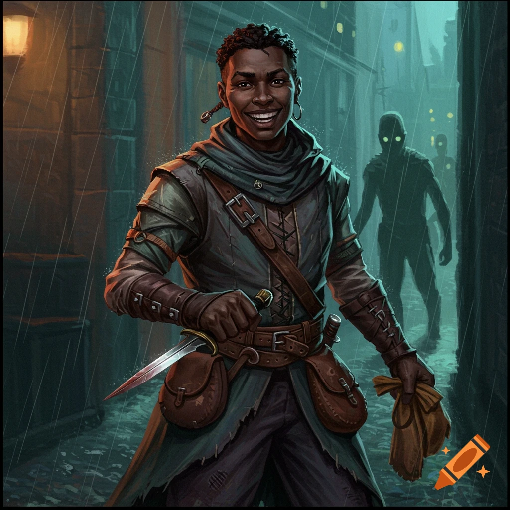 A smiling rogue holding a knife in a rainy alley with blurry figures ...