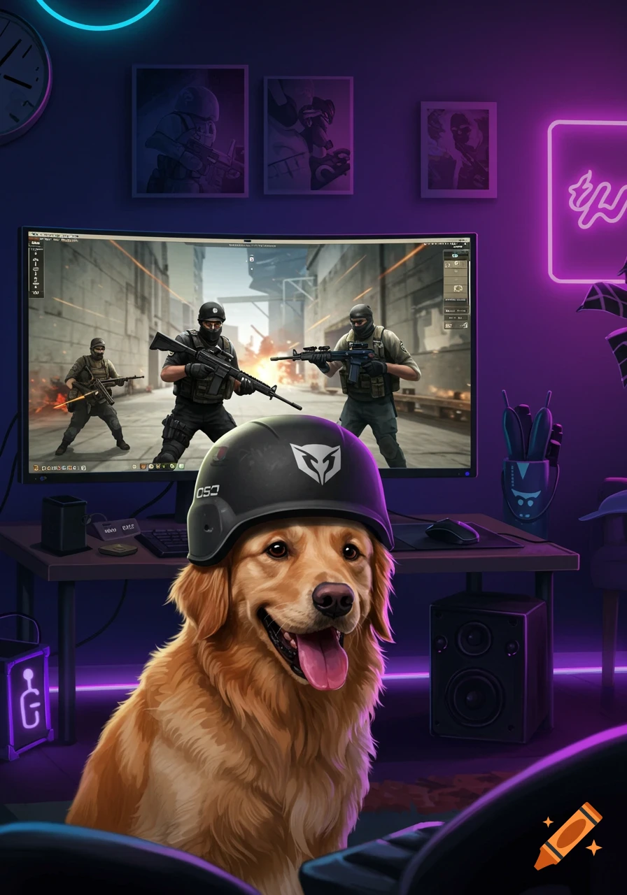 A Golden Retriever dog wearing a helmet sits in front of a monitor ...