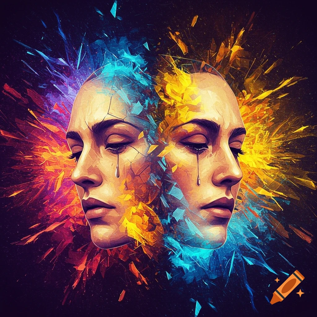 Abstract portrait of two faces shattering into colorful shards with ...
