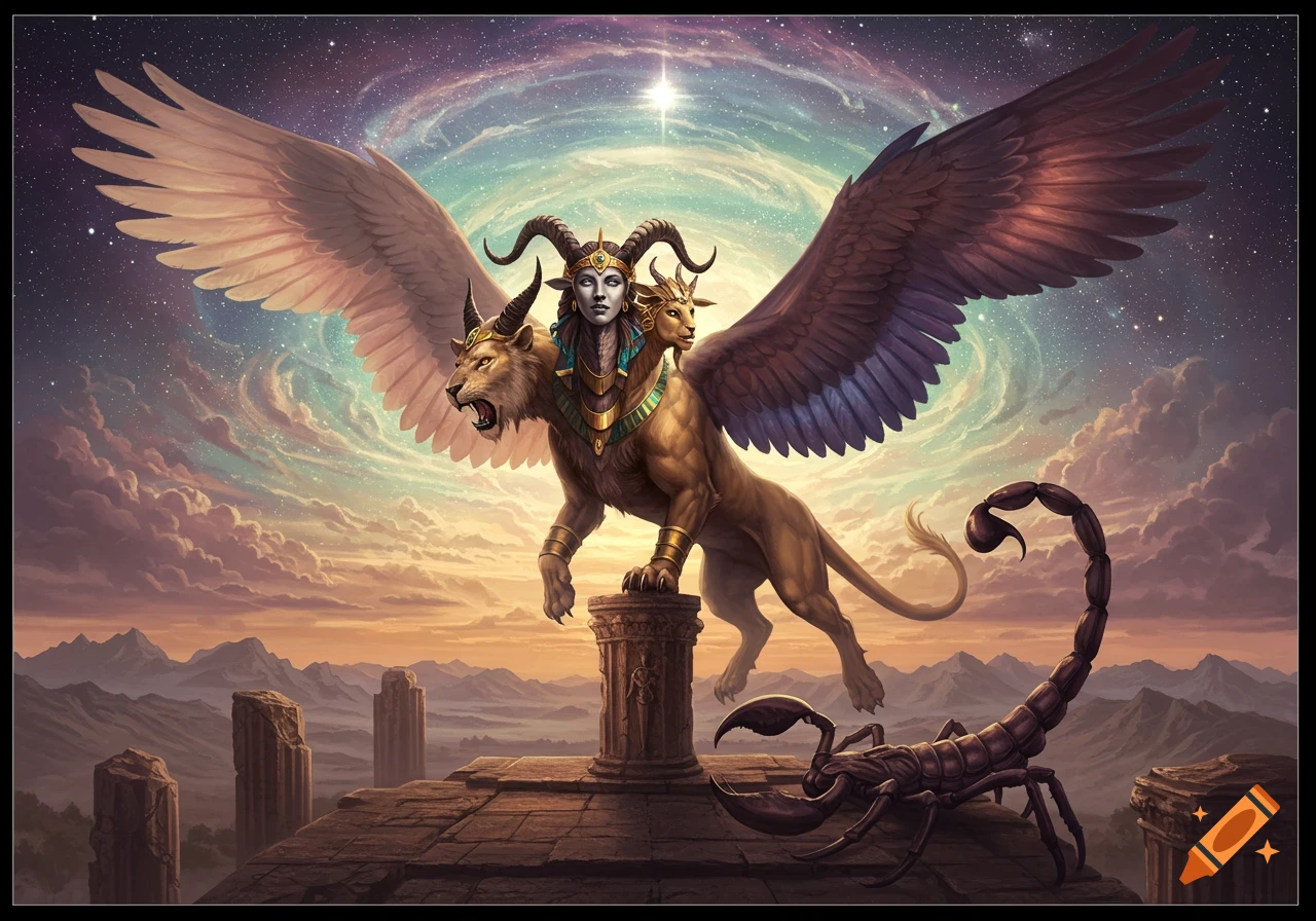 A fantasy creature with three heads (lion, goat, sphinx), wings, and a ...