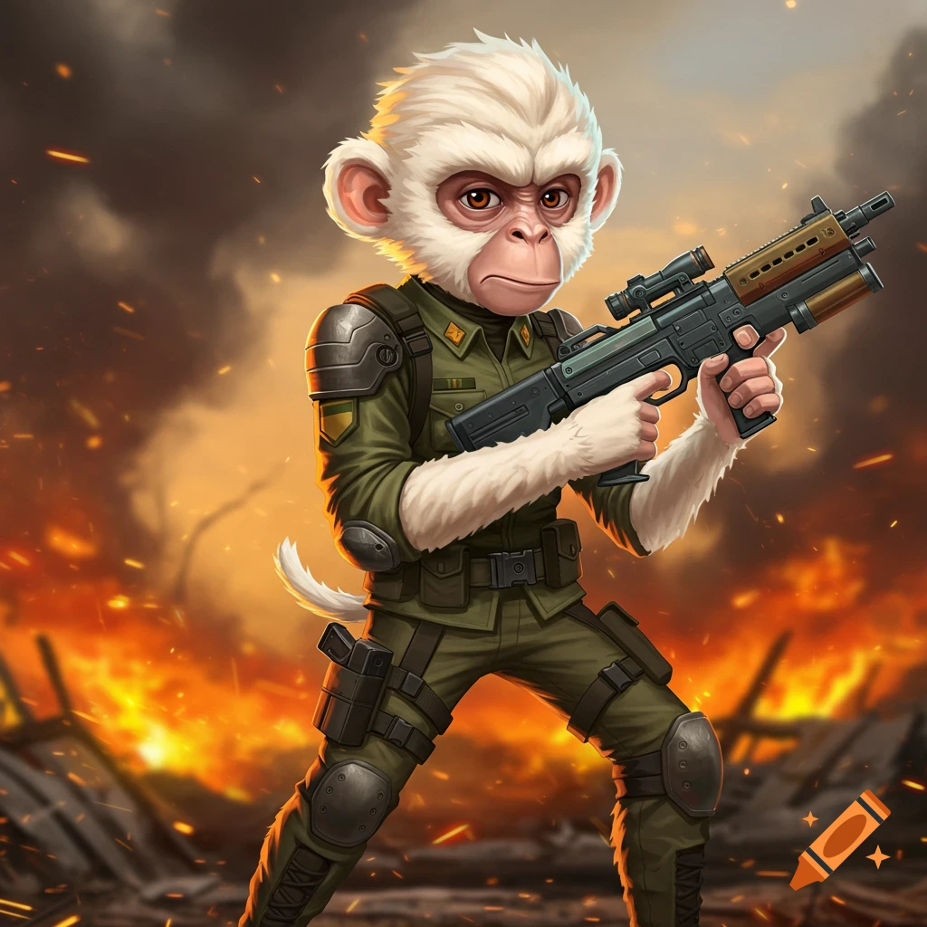 Cartoon monkey character in military gear holding a rifle in a warzone ...