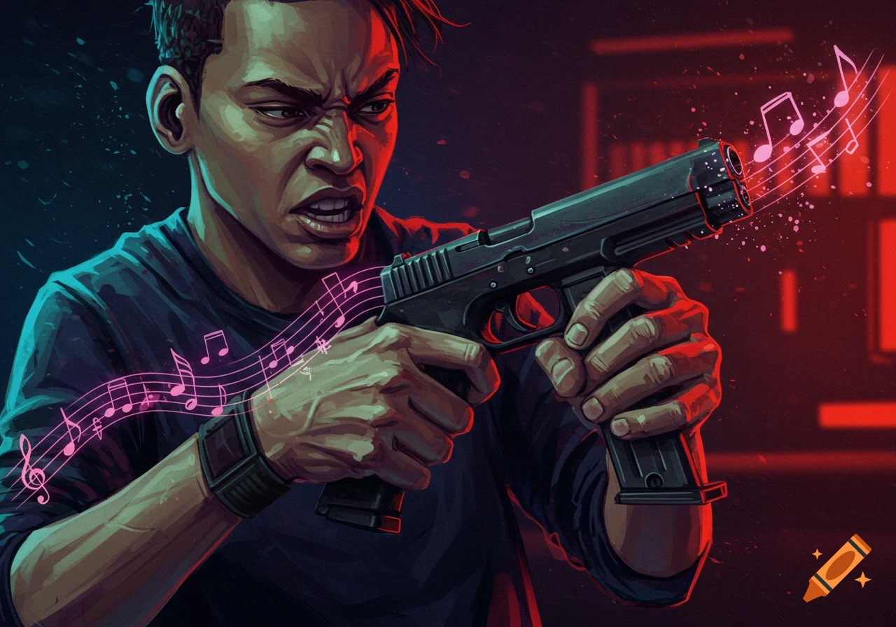 Stylized image of a person holding a gun emitting musical notes, with ...