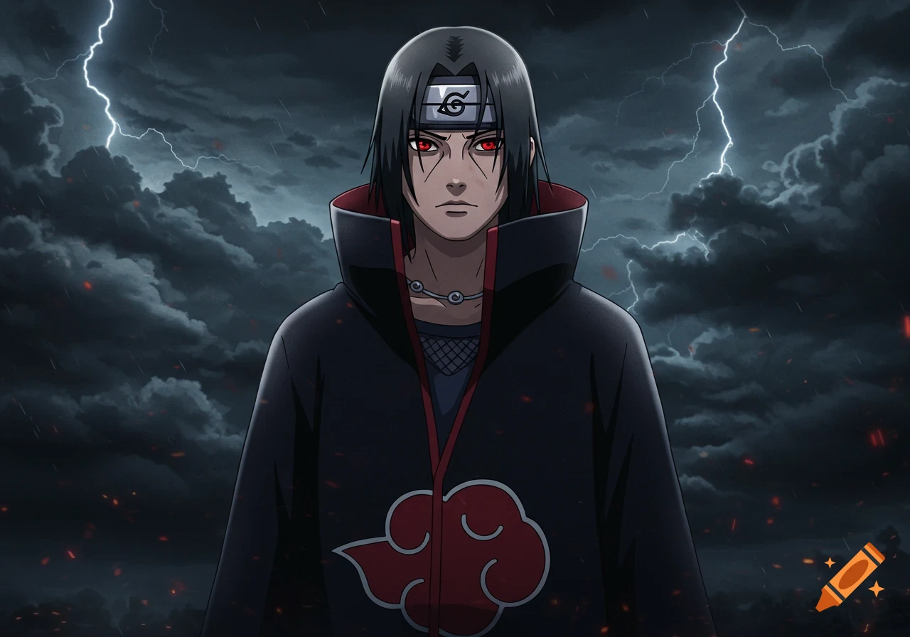 Anime illustration of Itachi Uchiha in an Akatsuki cloak standing in a ...