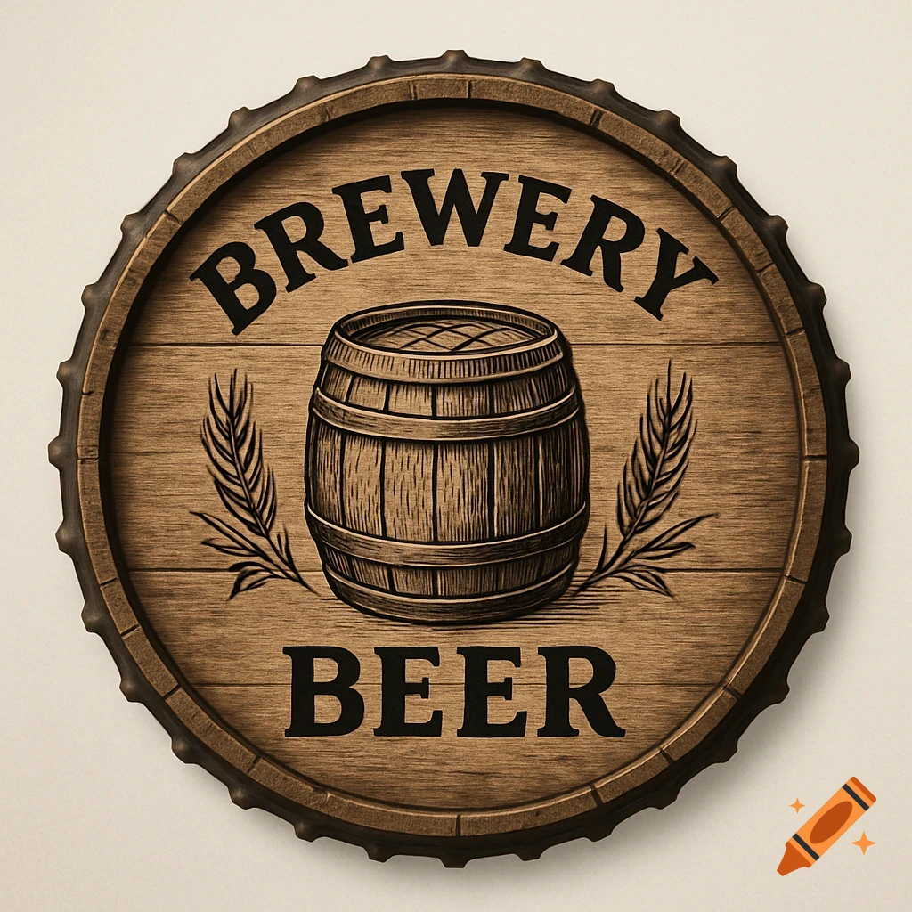 A circular wooden sign resembling a bottle cap features the text ...