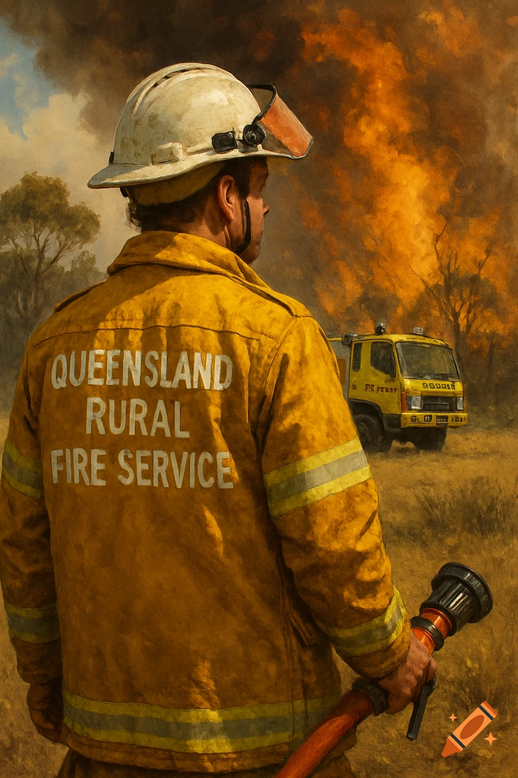 Painterly image of a firefighter in yellow jacket looking at a large ...