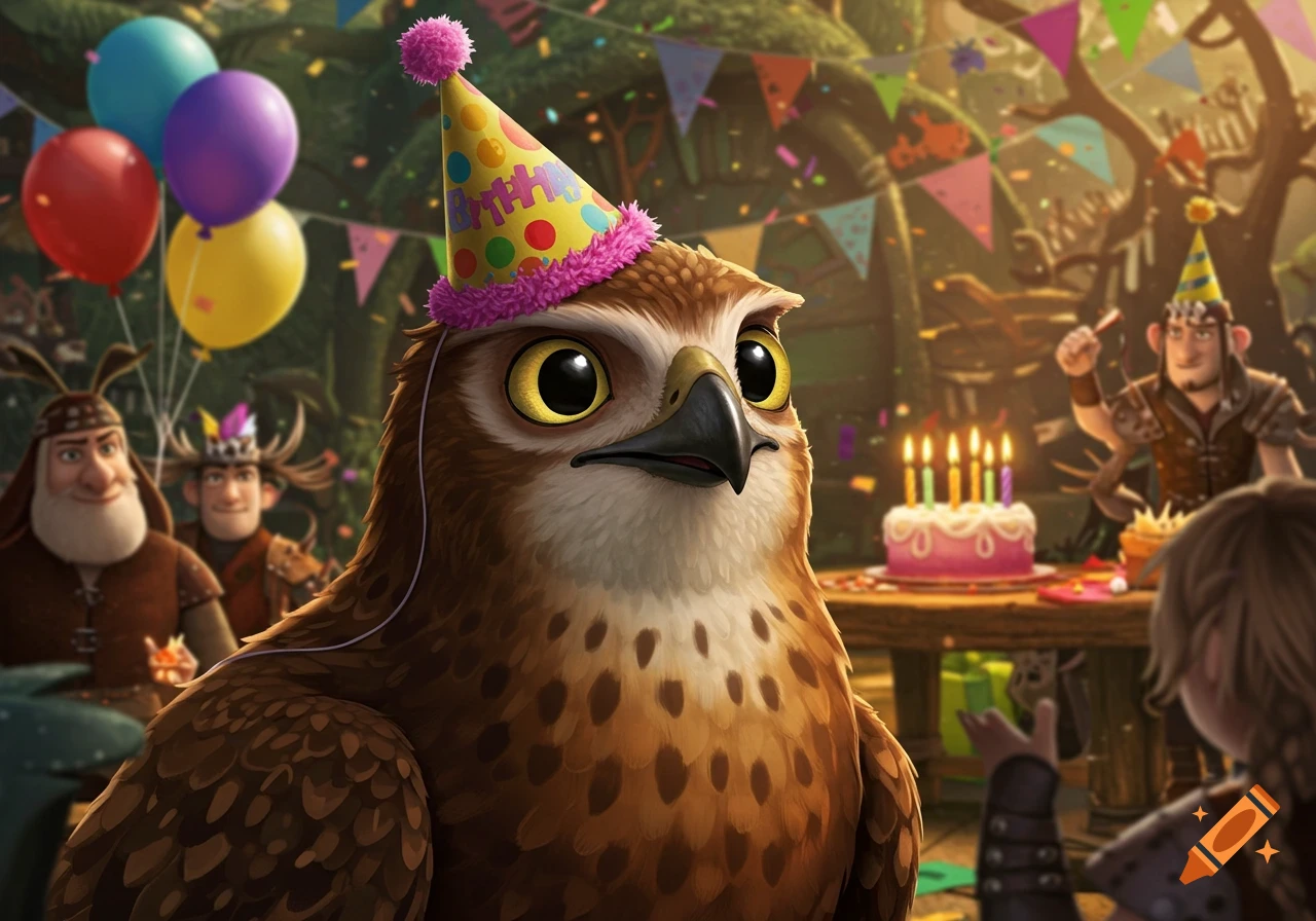 A cartoon hawk wearing a birthday hat at a party in the style of How to ...