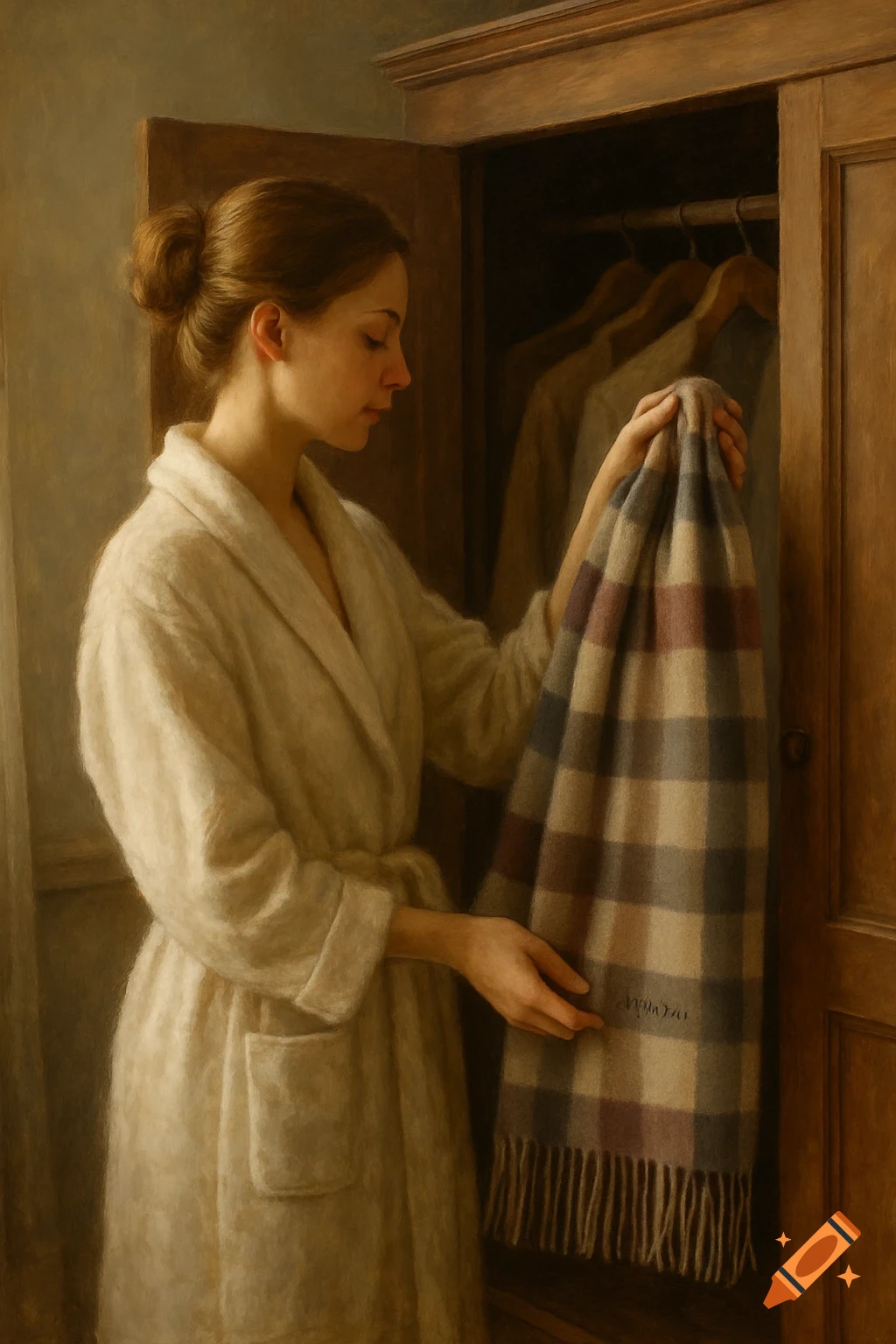 Painting of a woman in a robe holding a checkered scarf by a wardrobe ...