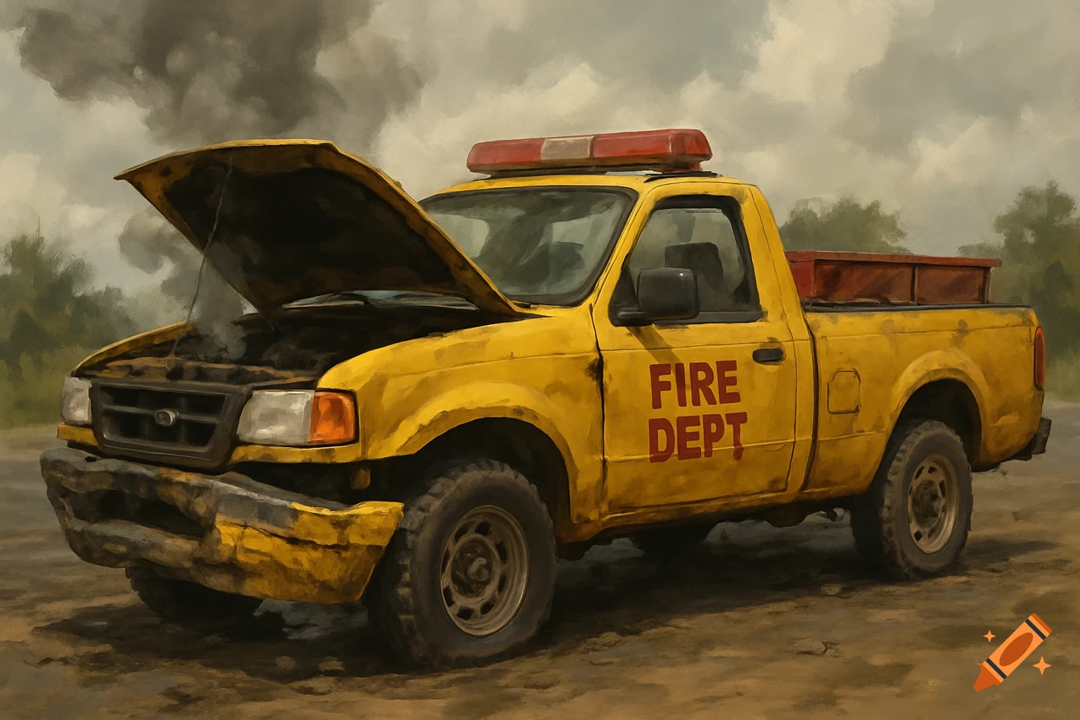 A yellow fire truck with its hood up, smoking, sits broken down on a ...
