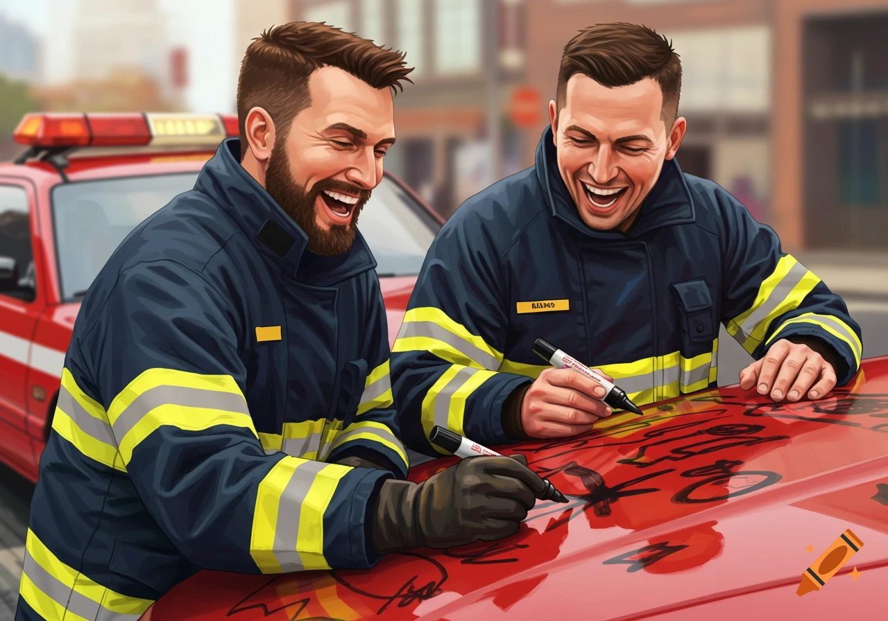 Two smiling firefighters sign a red vehicle with markers, illustration ...