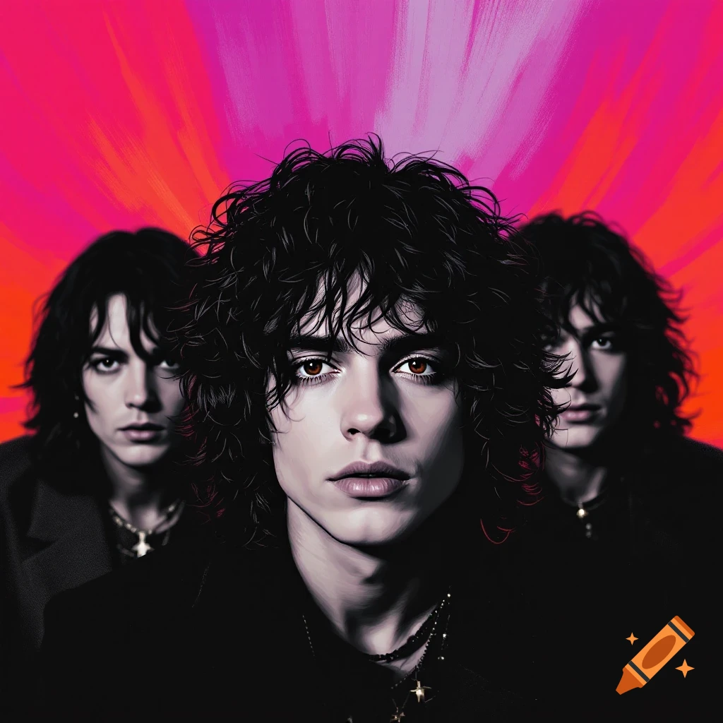 Digital painting of three people with messy dark hair against a vibrant ...