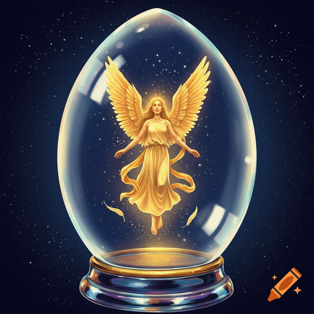 An angel with golden wings floats inside a glass egg dome against a ...