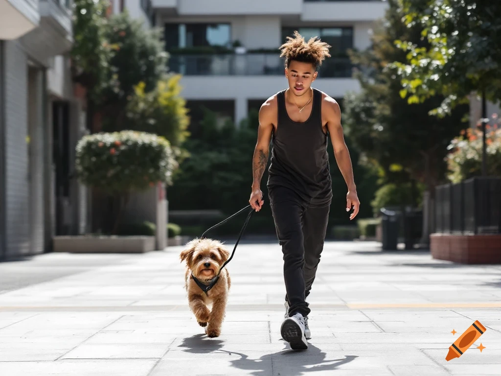 A young man walks a small dog on a leash down a sunny city sidewalk. on ...