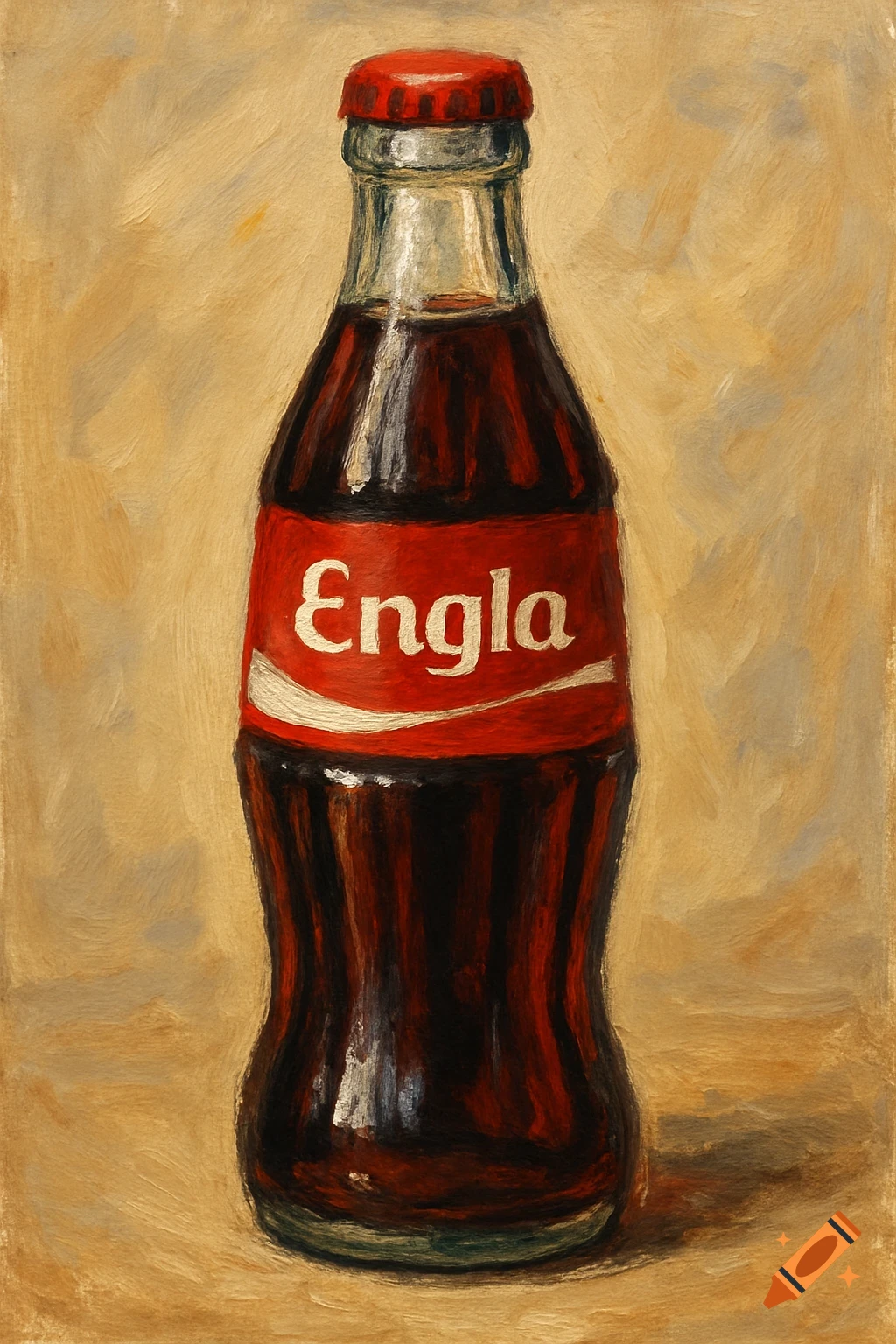 A painting of a Coca-Cola style bottle with 'Engla' on the red label ...