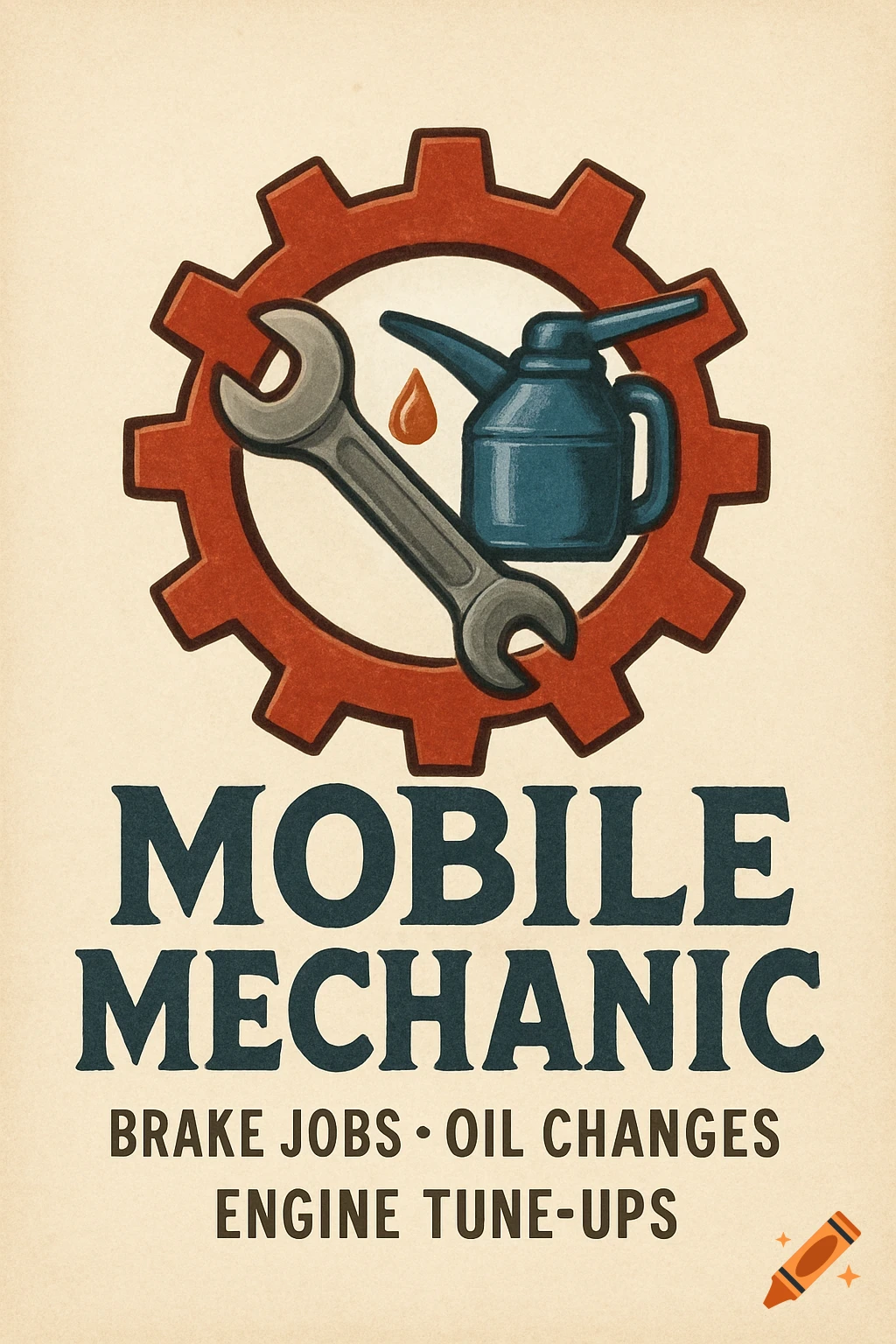A retro-style logo for a mobile mechanic featuring a wrench, oil can ...