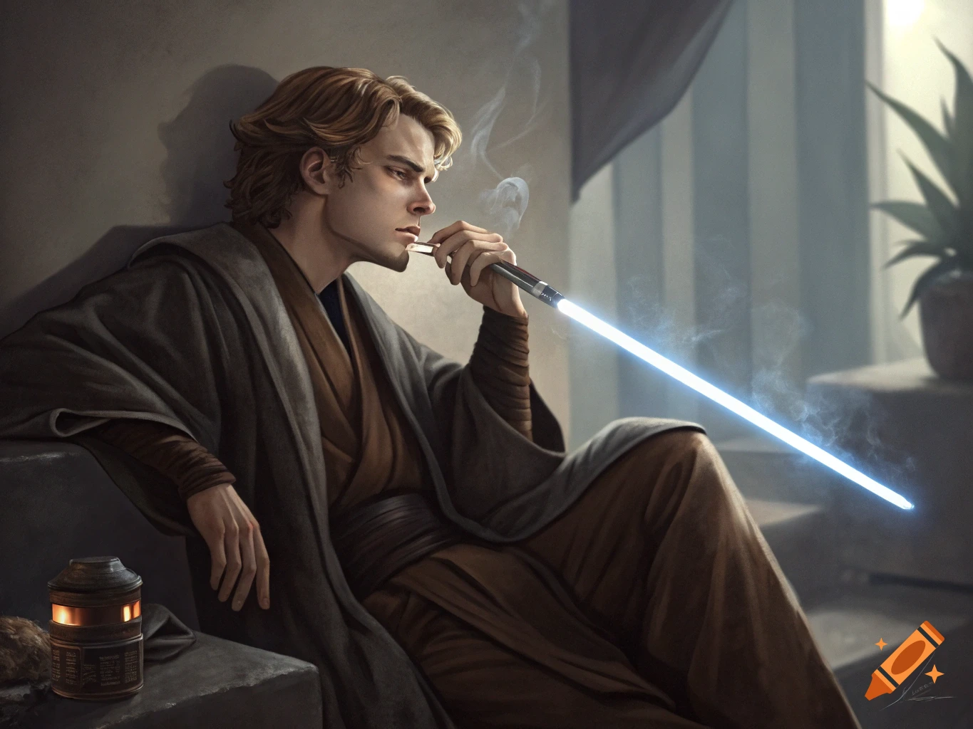 Realistic digital painting of Anakin Skywalker sitting and smoking ...