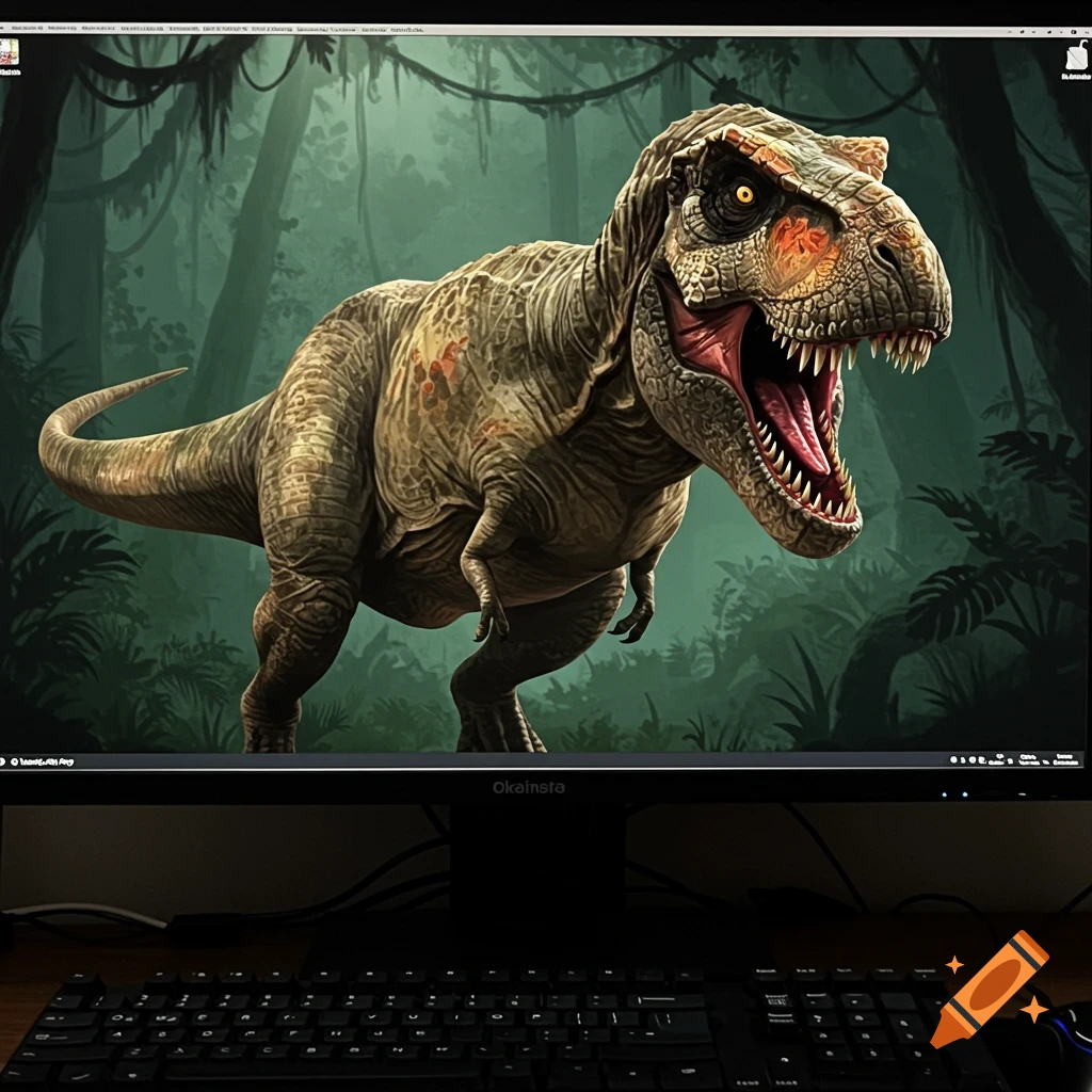 A fearsome Tyrannosaurus Rex illustration displayed as a wallpaper on a ...