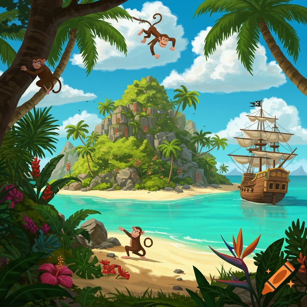 Illustrated tropical pirate island scene with monkeys and a sailing ...