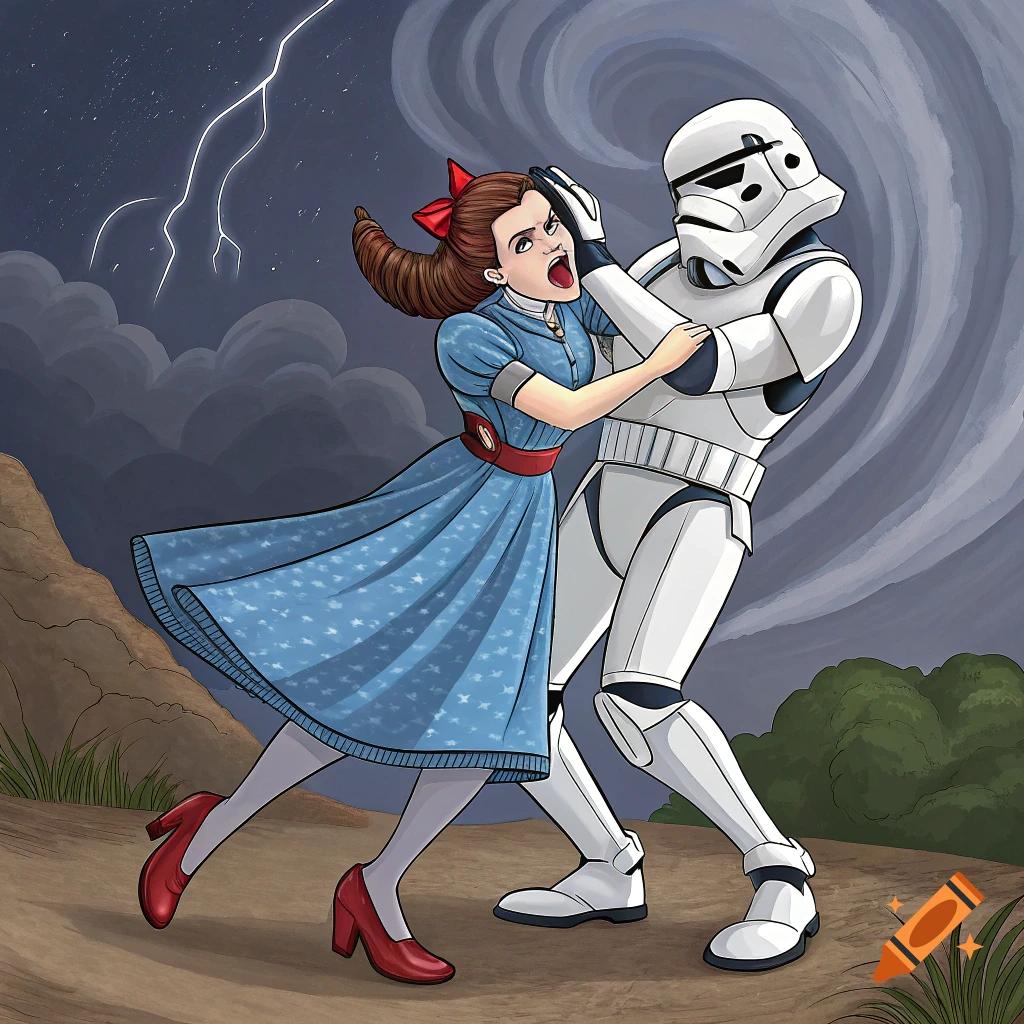 Cartoon illustration of Dorothy fighting a Stormtrooper during a ...