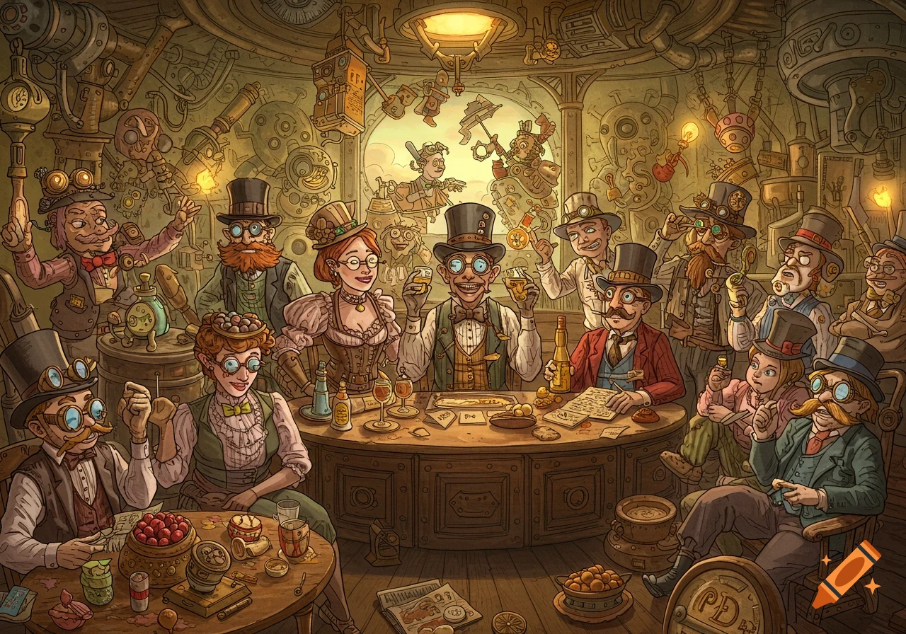 Steampunk illustration of a group of people having a party in a gear ...