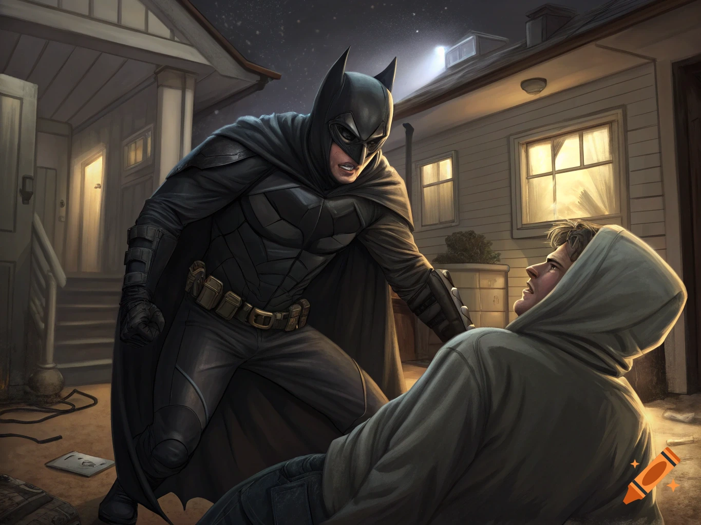 Batman apprehending a person outside a house at night on Craiyon