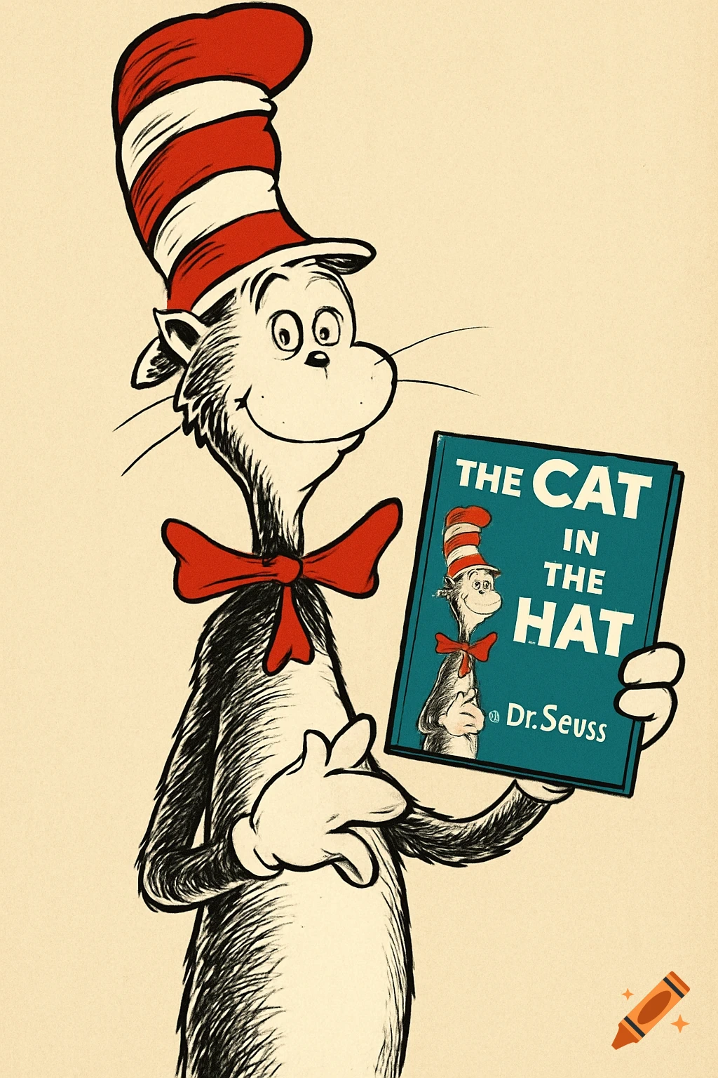 The Cat in the Hat cartoon character holding his book. on Craiyon