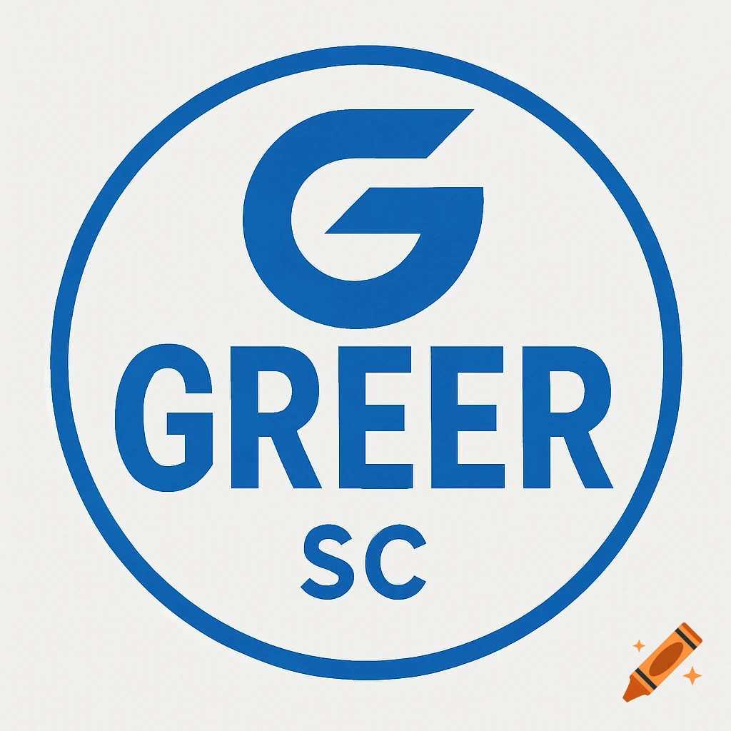 Blue logo with a G symbol above the text GREER and SC, inside a circle ...
