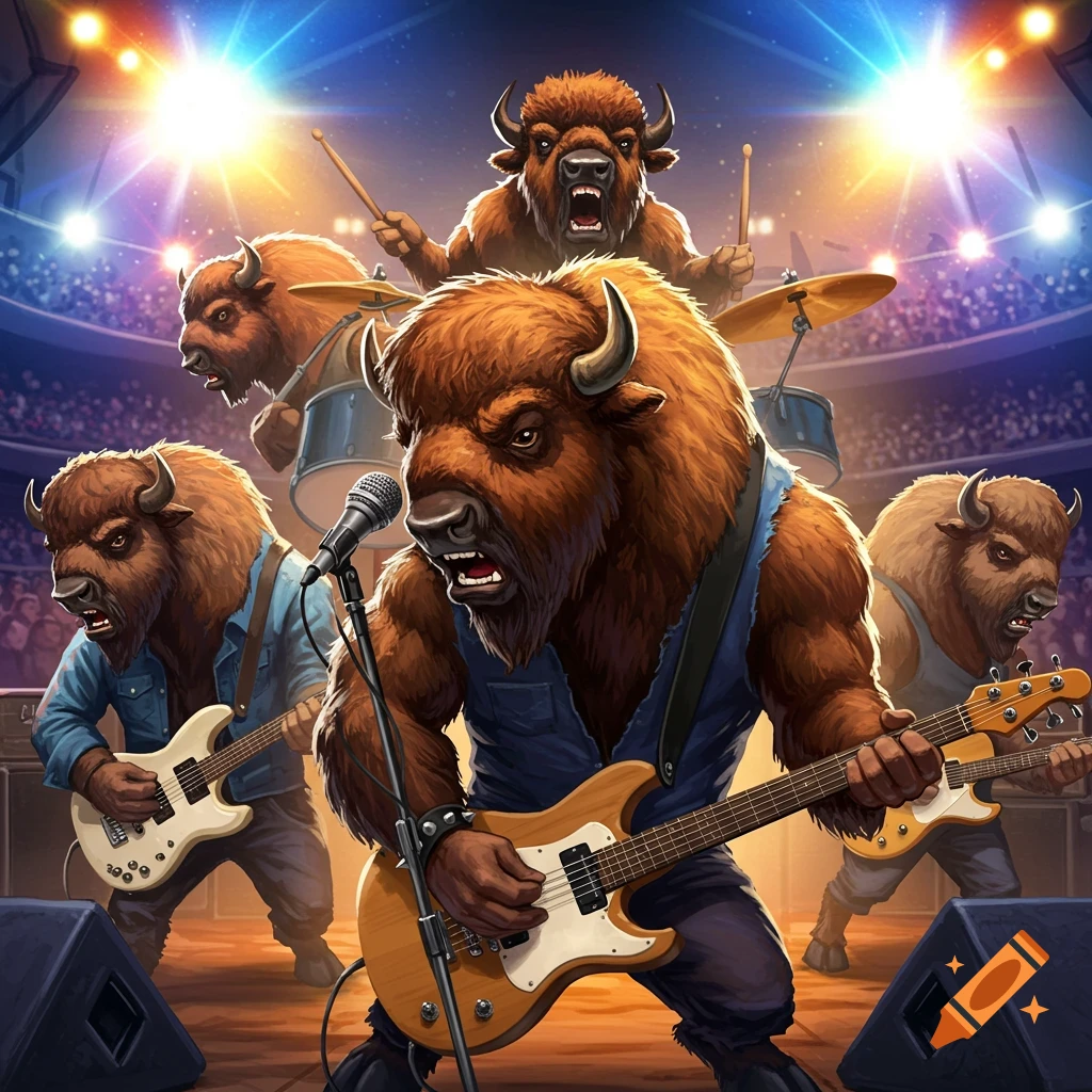 Cartoon illustration of a bison rock band performing on a stage with ...