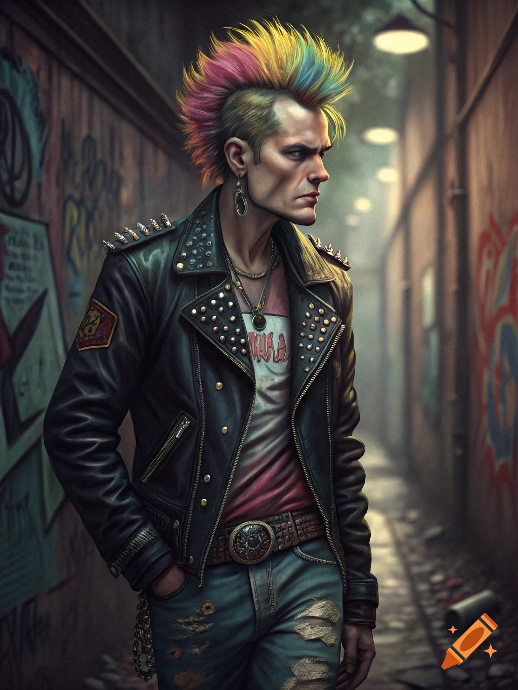 A man with a rainbow mohawk and studded leather jacket stands in a ...