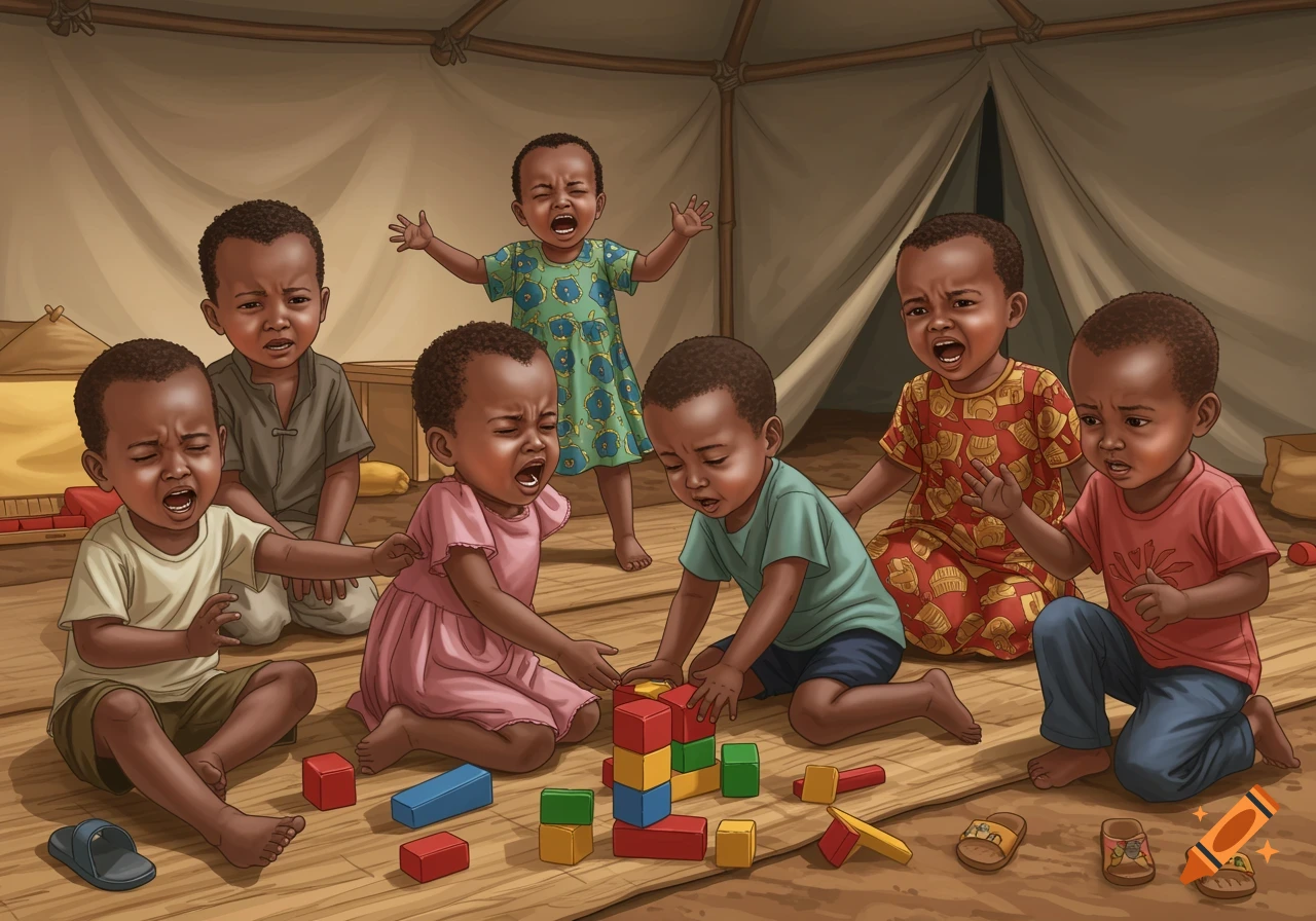Illustration of young children crying and playing with blocks inside a ...
