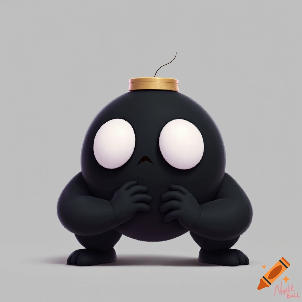 A cute, black, round creature with large white eyes and a fuse, styled ...