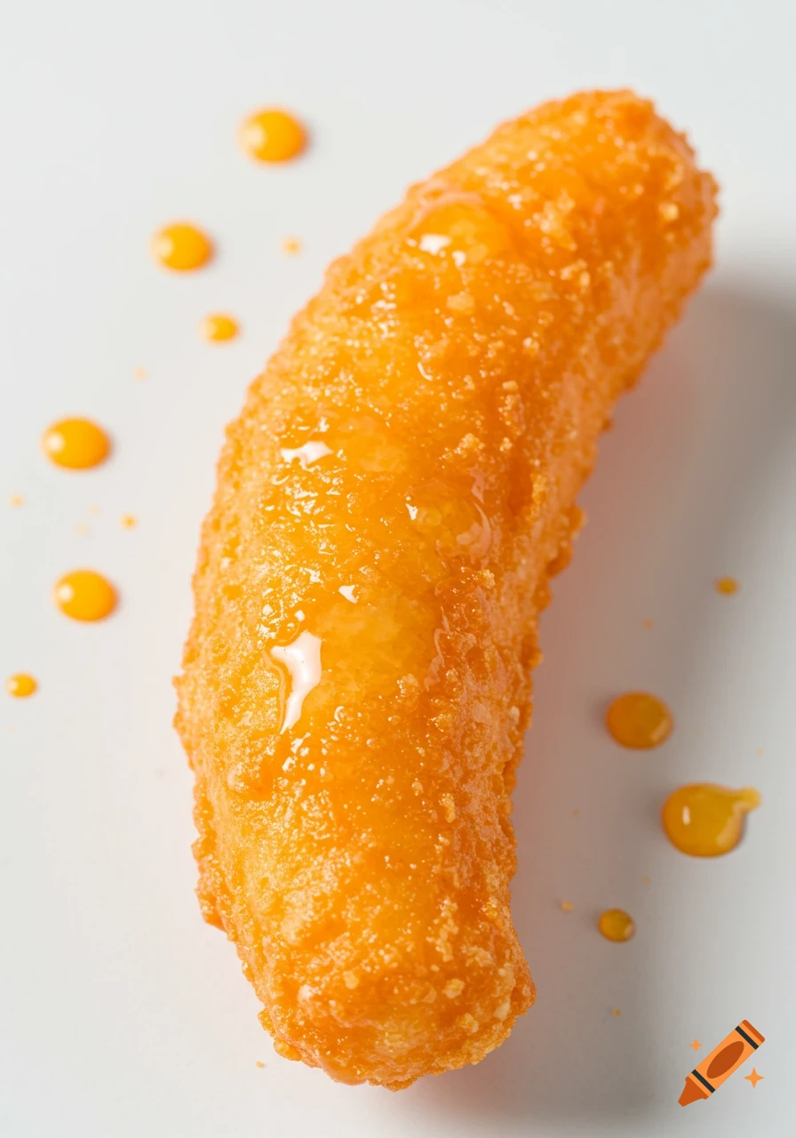 Close-up of a deep-fried orange cheesy snack with liquid drops on a ...