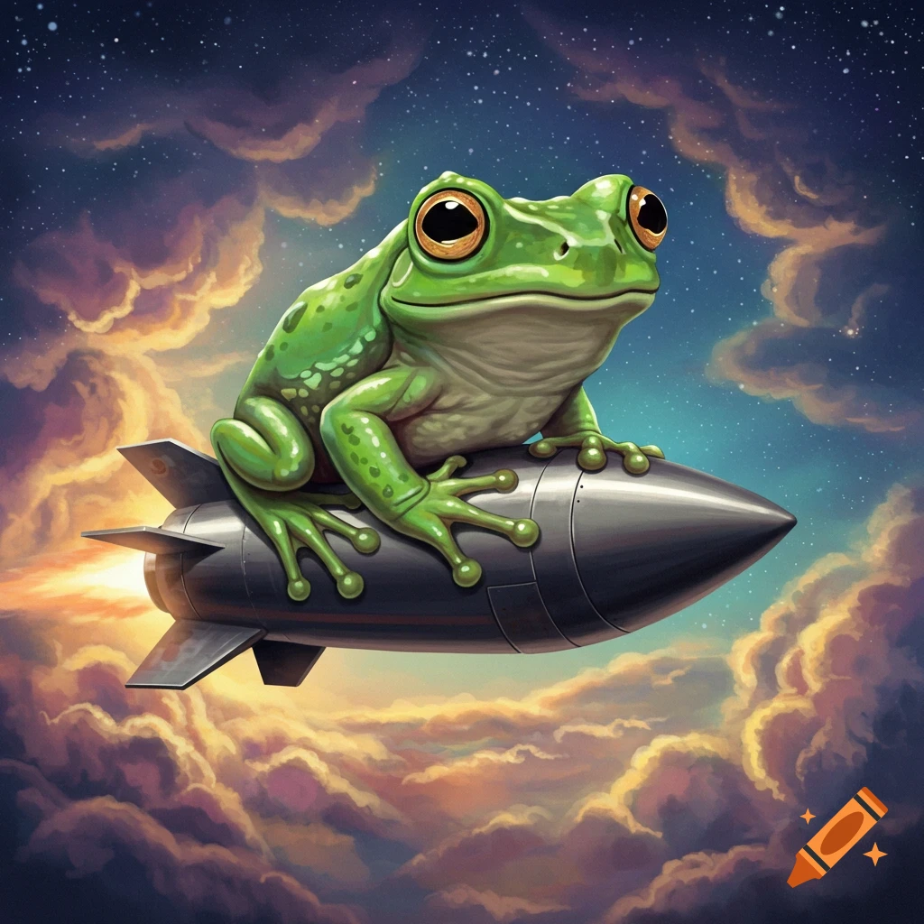 A green frog rides a rocket through a cloudy, star-filled sky. on Craiyon
