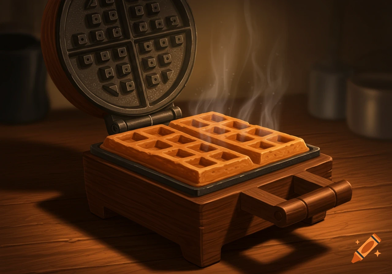 Two waffles cooking in a wooden waffle iron with steam rising. on Craiyon